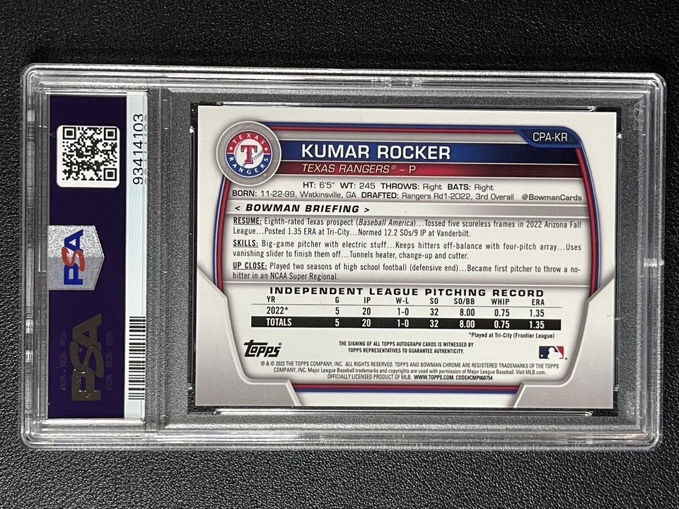 KUMAR ROCKER PSA 10 2023 BOWMAN CHROME 1ST BLUE CRATER REFRACTOR AUTO ...