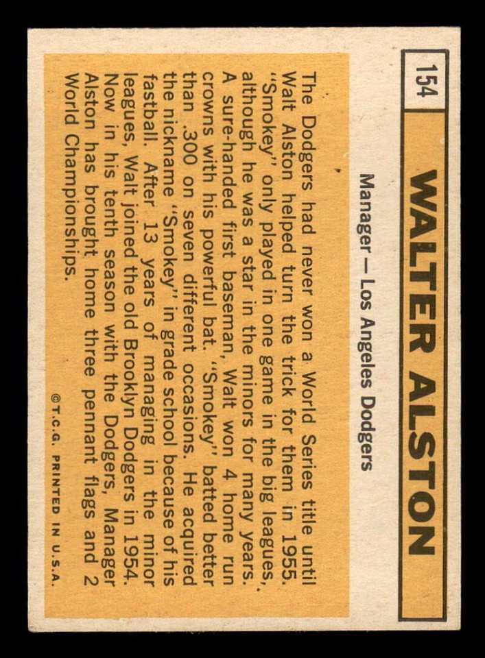 1963 Topps #154 Walter Walt Alston MG Manager Dodgers HOF EX (5) | eBay