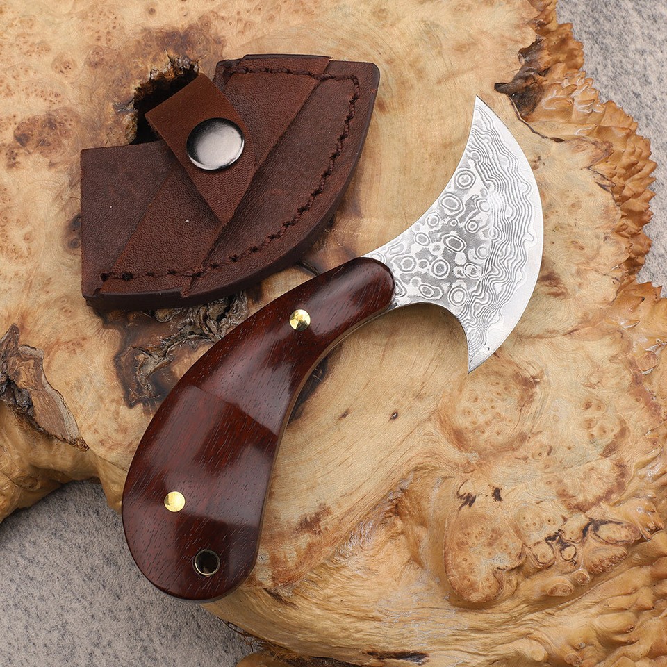 Small Damascus Round Head Knife Leather Craft Cutter Rosewood Handle ...