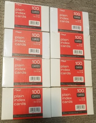 Lot of 8 New Sealed Mead Plain Index Cards 100 count 3x5 inch 7.6x12.7 ...