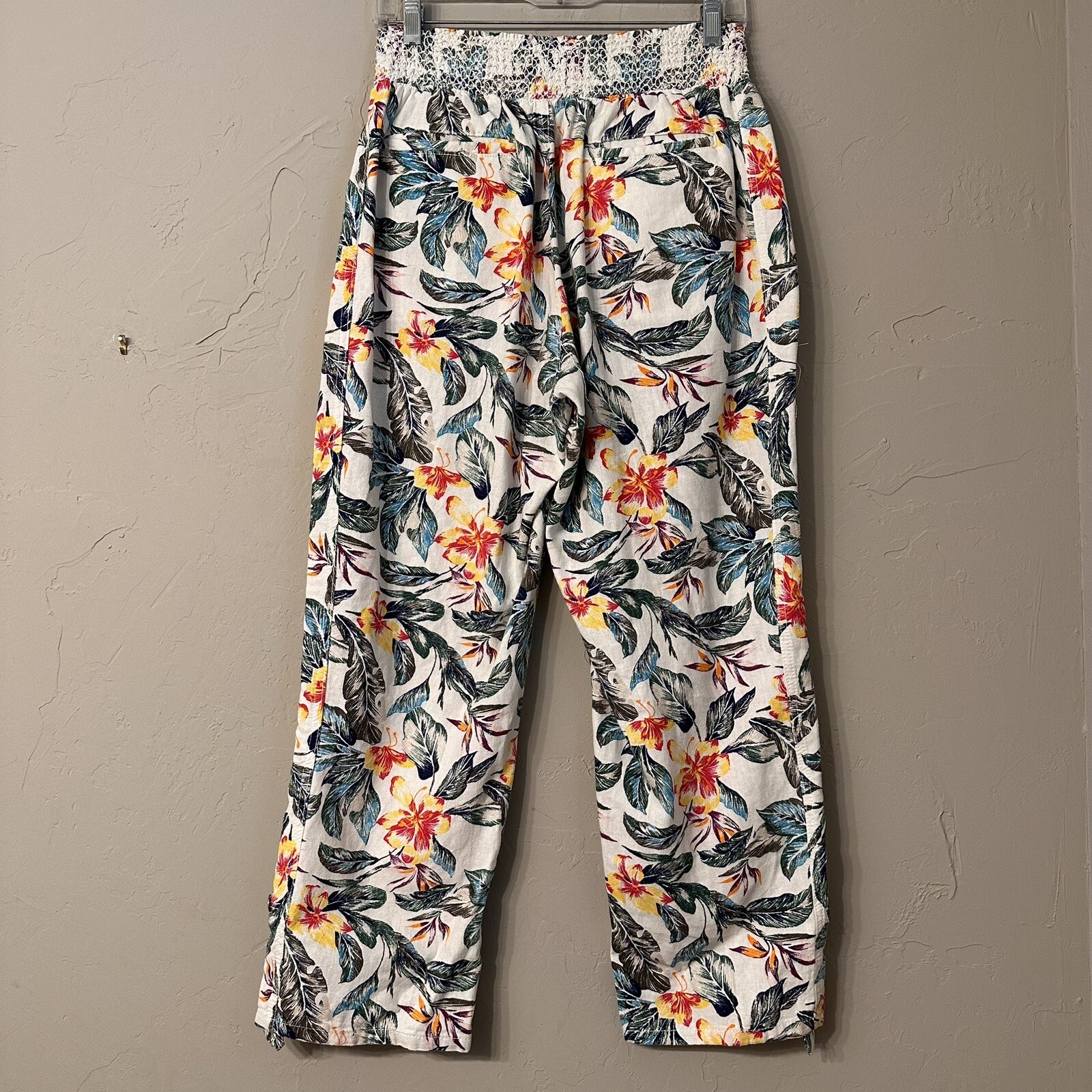 Westbound Linen Pants Tropical Floral Print Elastic W… - Gem