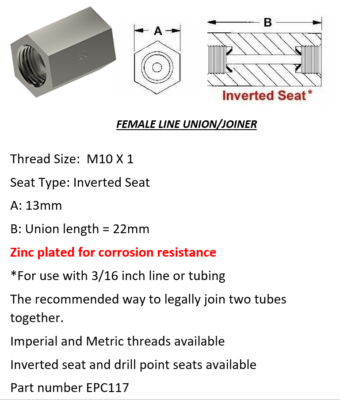 Female Brake Line Union - Joiner Inverted Flare M10 x 1 | eBay