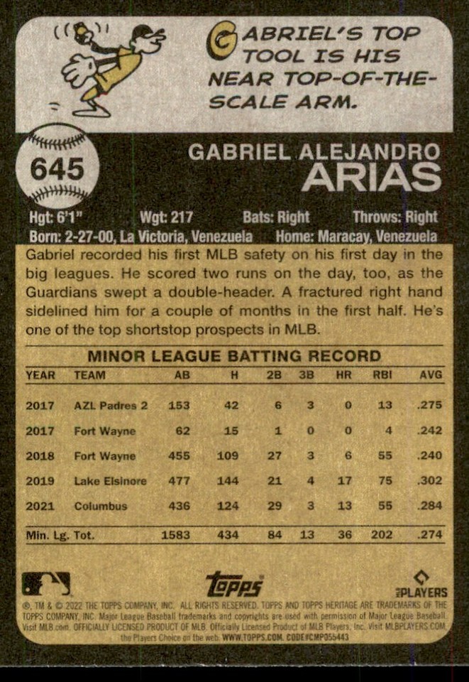 Gabriel Arias 2022 Topps Heritage High Number Rookie Card RC #645 ...