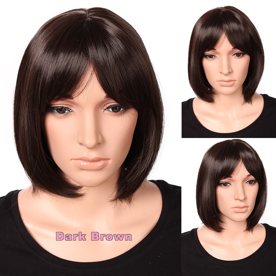 Women Short Bob Hair Wig With Bangs Heat Resistant Synthetic Cosplay ...