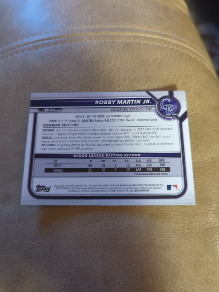 2022 Bowman Prospects 1st Bowman Robby Martin Jr. Colorado Rockies #BP ...