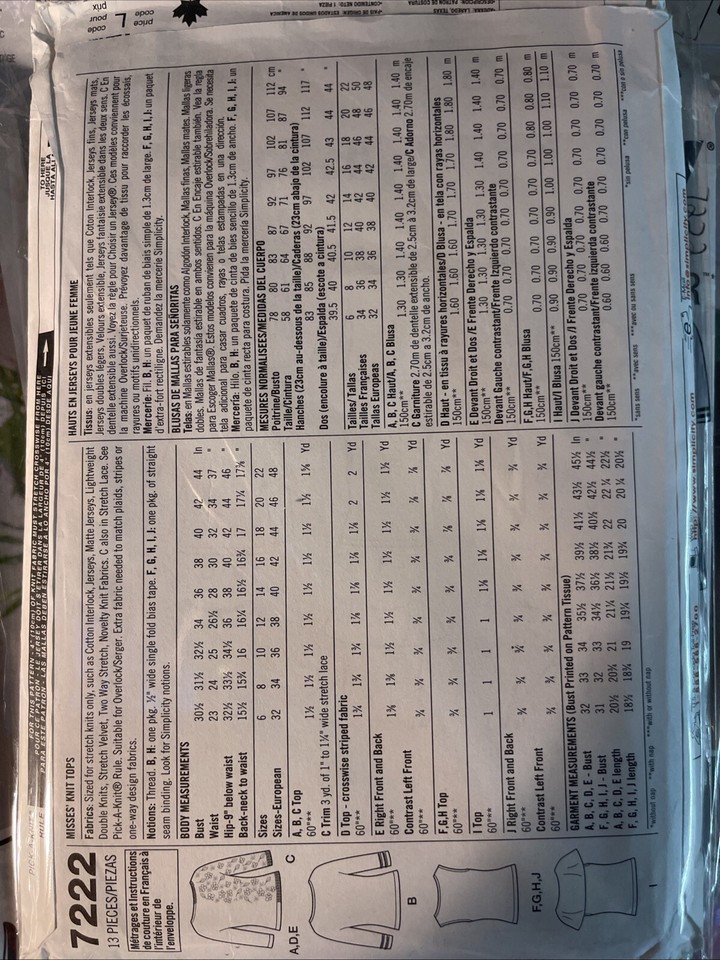 Simplicity Sewing Pattern 7222- Misses Knit Tops - Size 6-12 | eBay