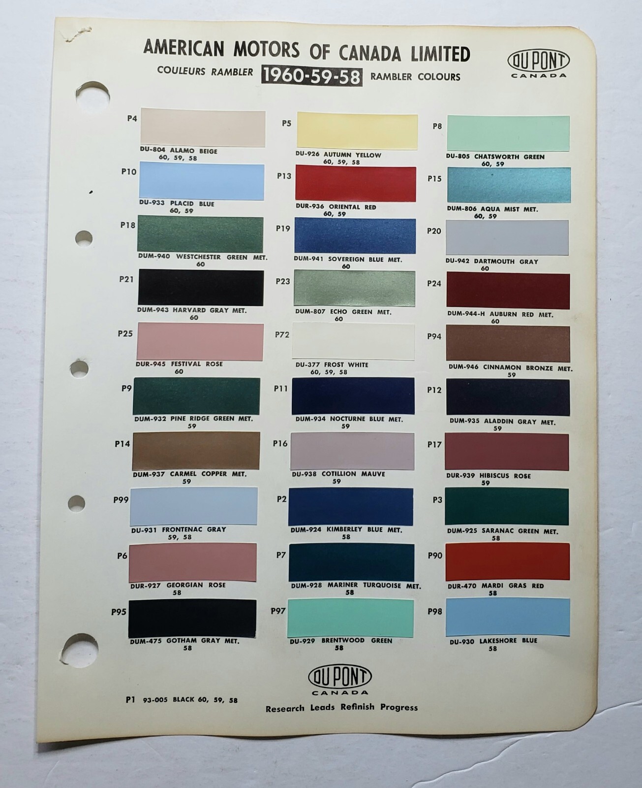 1958 1959 1960 American Motors Rambler Passenger Color Chips Chart ...