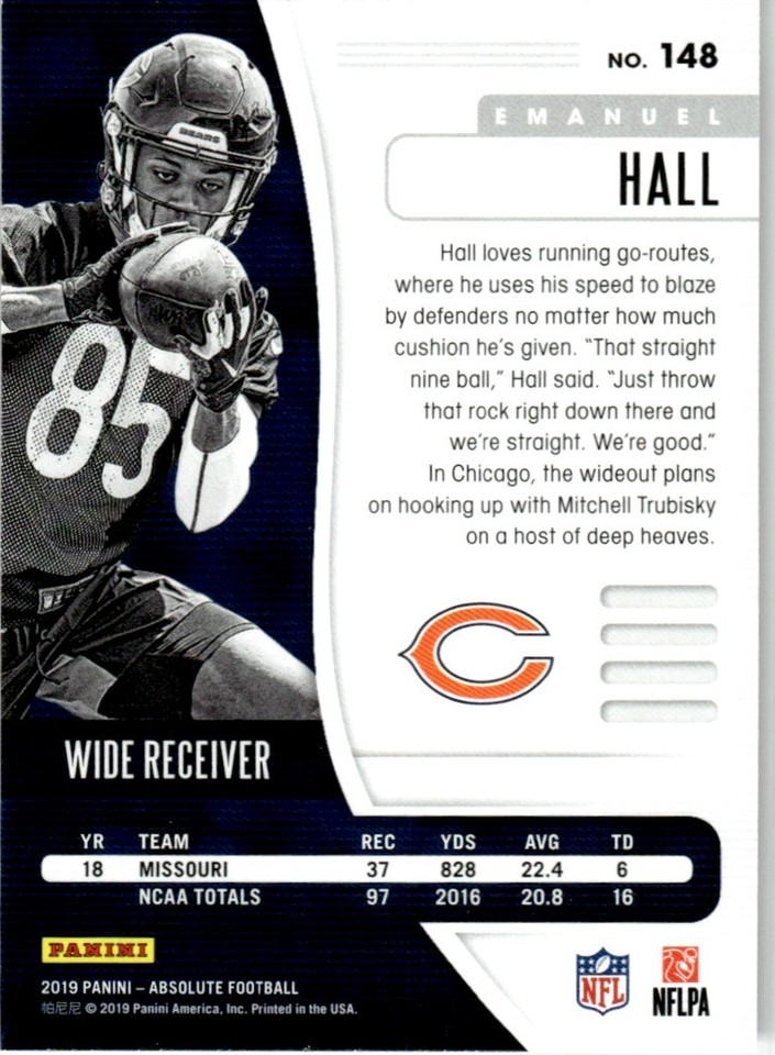 2019 ABSOLUTE EMANUEL HALL RC #148 RC CHICAGO BEARS 818 | eBay