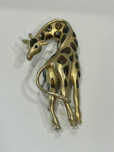 VINTAGE GIRAFFE GOLD TONE BROWN ENAMEL SPOTS BROOCH LAPEL PIN SIGNED ...