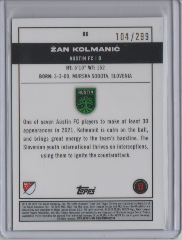 2022 Topps Chrome MLS Aqua Refractor #86 Zan Kolmanic PP RC /299 Pitch ...