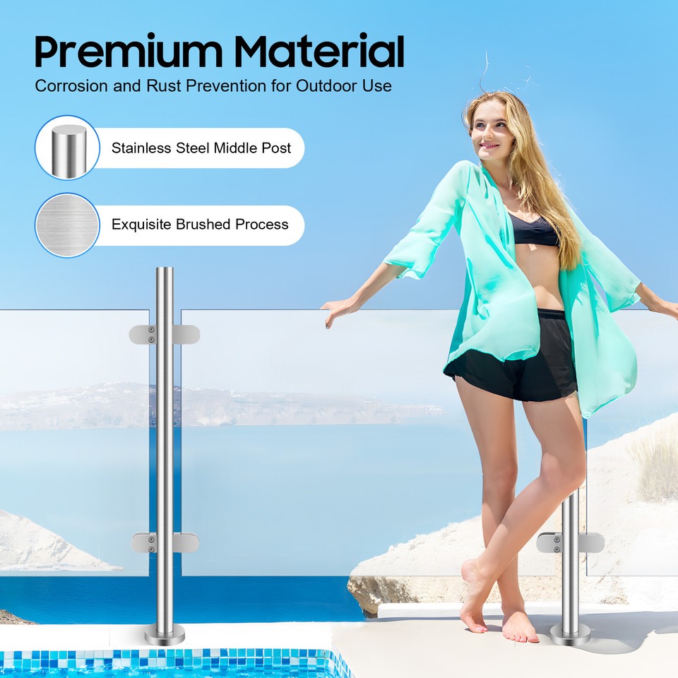 35.4" Glass Balustrade Middle Post 304 Stainless Steel Silver Glass ...