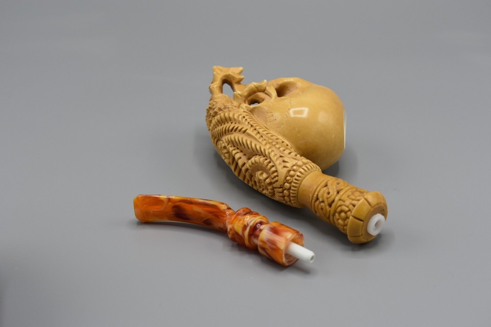 Skeleton Hand Holds Skull Pipe By Ali New Block Meerschaum Handmade W ...