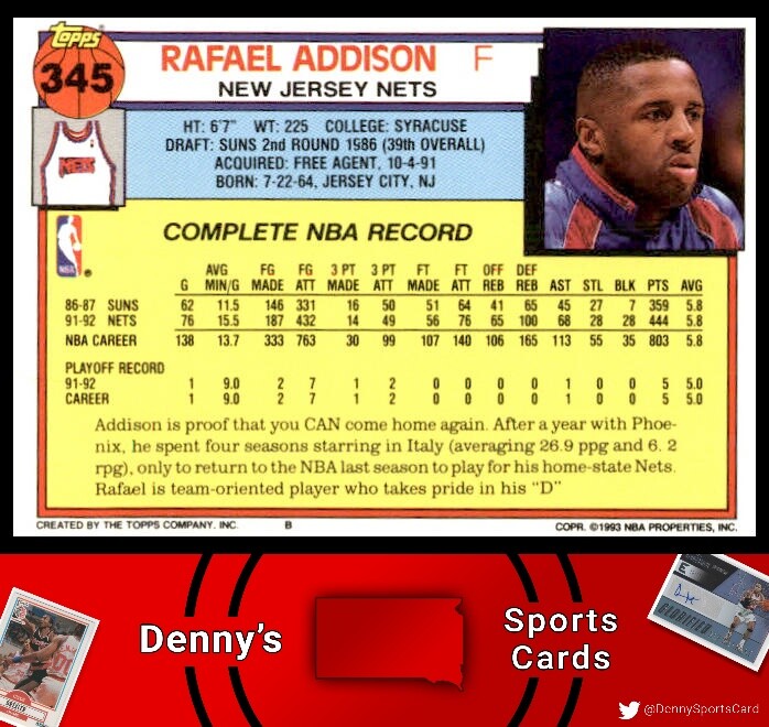 1992 Topps #345 Rafael Addison New Jersey Nets Basketball Card | eBay