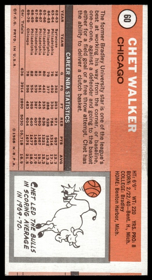 1970-71 Topps Chet Walker Chicago Bulls #60 | eBay