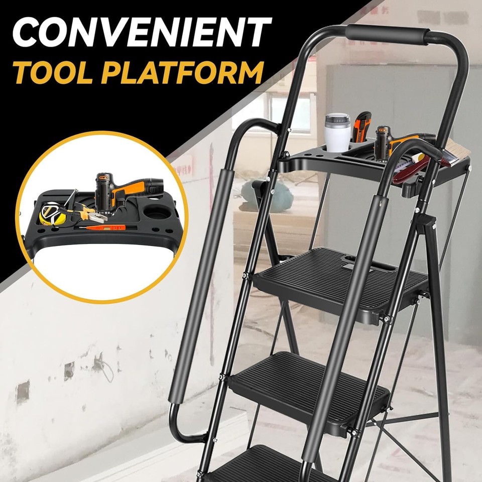 5 Step 330 lbs Non-Slip Stool Ladder with Handrails folding Tool Tray ...