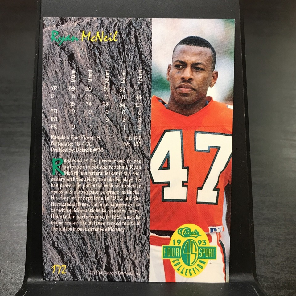 1993 Classic Four Sport Football # 172 Ryan McNeil RC Hurricanes | eBay