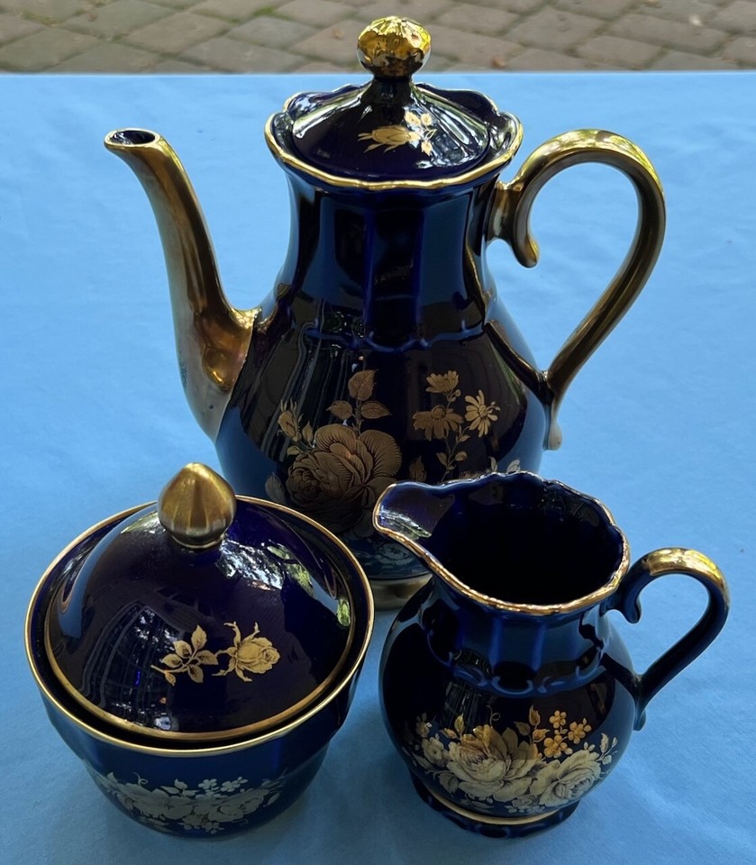 3 pc Bareuther Waldsassen BTH 90 Echt Cobalt w Gold Coffee Pot, Sugar ...