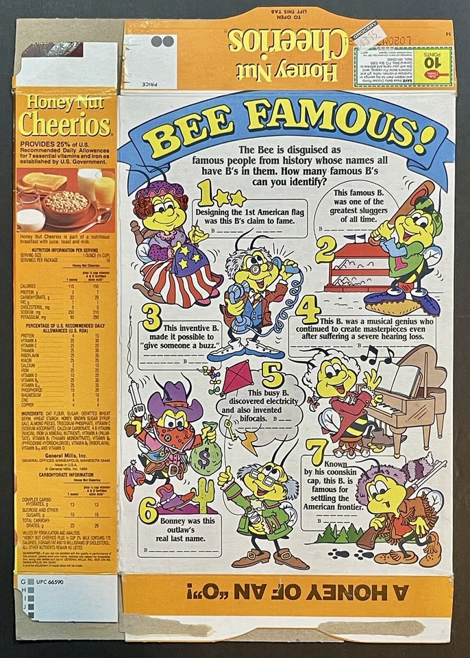 Vintage 1990 General Mills Honey Nut Cheerios Cereal Box, Bee Famous ...