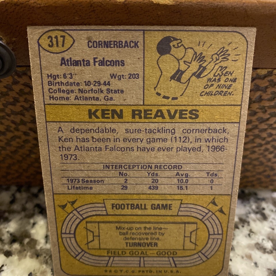 1974 Topps Ken Reaves Football Card Atlanta Falcons #317 | eBay