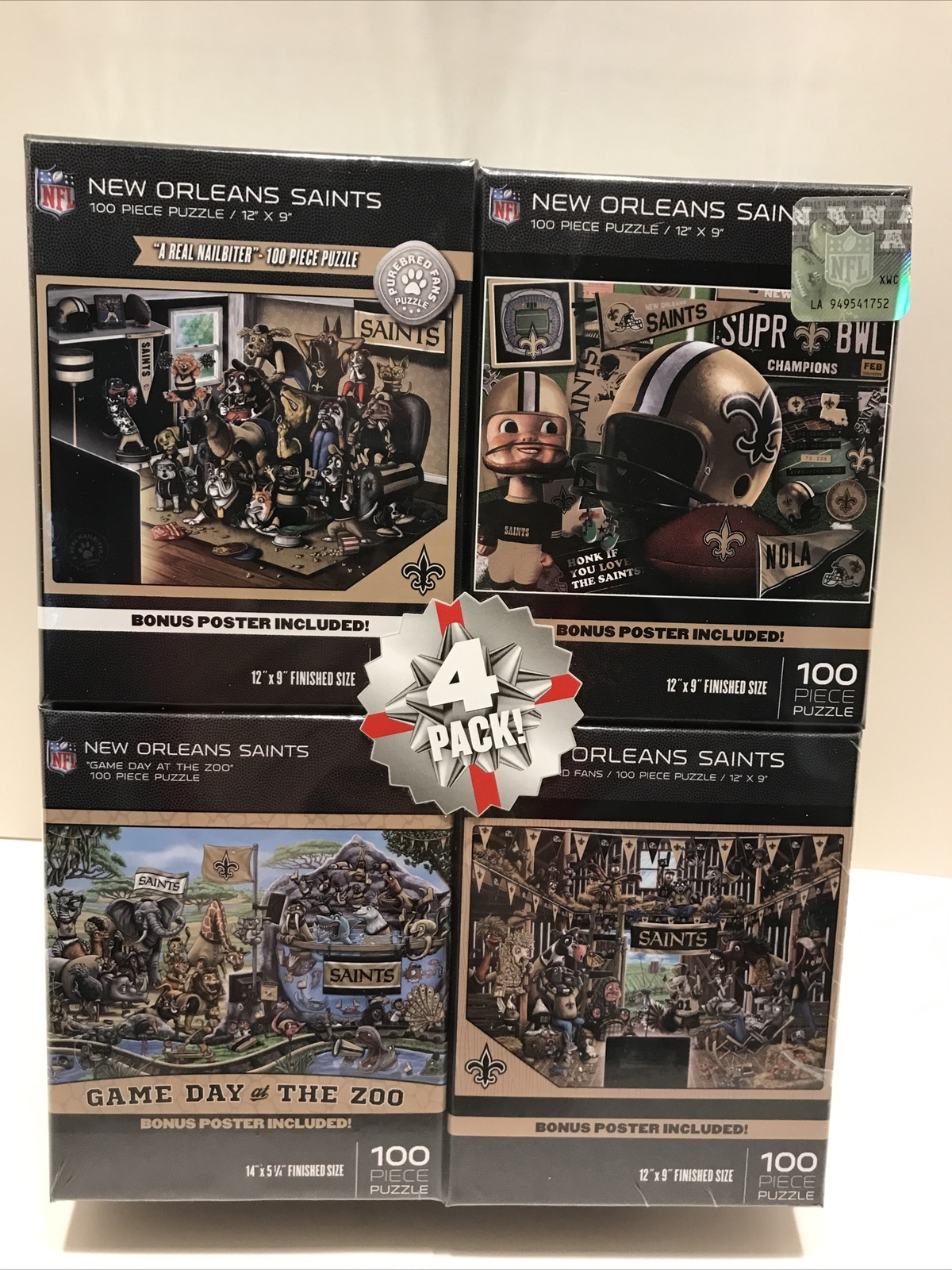 NFL New Orleans Saints- 4 Pack 100 Piece Puzzles with Posters (12" x 9 ...