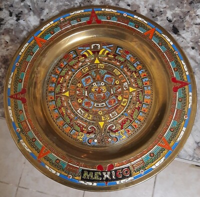 Vintage Copper/Brass Enamel Aztec Mayan Calendar Wall Hanging Plate 11 ...