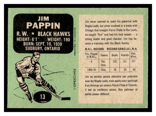 1970-71 O-Pee-Chee HOCKEY #13 Jim Pappin 70OPCHK | eBay
