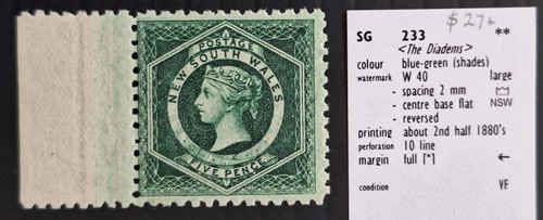 1882 NSW Australia 5d Blue Green large Diadem stamp P10 WMK Crn/NSW MUH ...