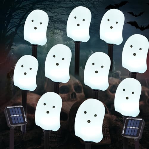 Solar Halloween Ghost Pathway Lights, 10 Pack Ghost Stake Lights ...