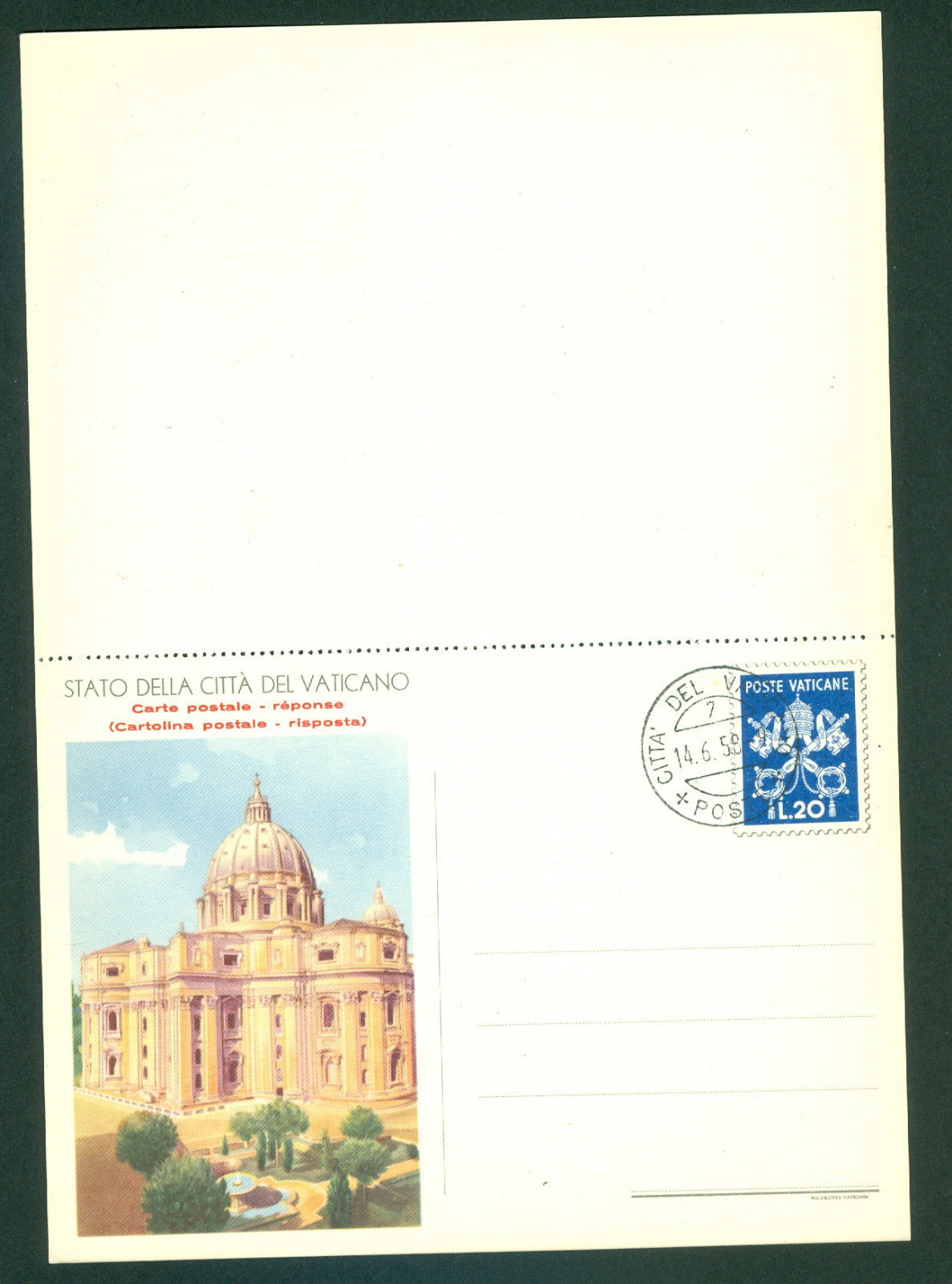 Vatican City 1958 set of 2 Rapid Reply Postcards, First Day Cancelled ...