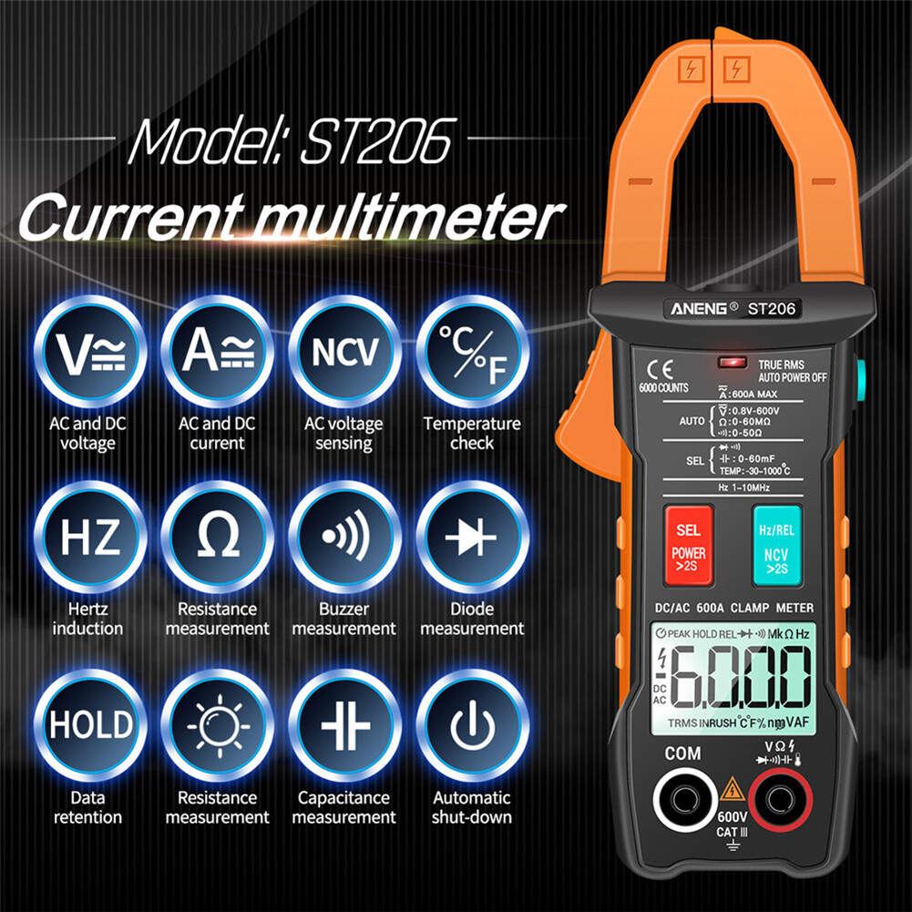 ST206 AC/DC Clamp Meter 6000 Counts Handheld for Lab/Factory/Home ...