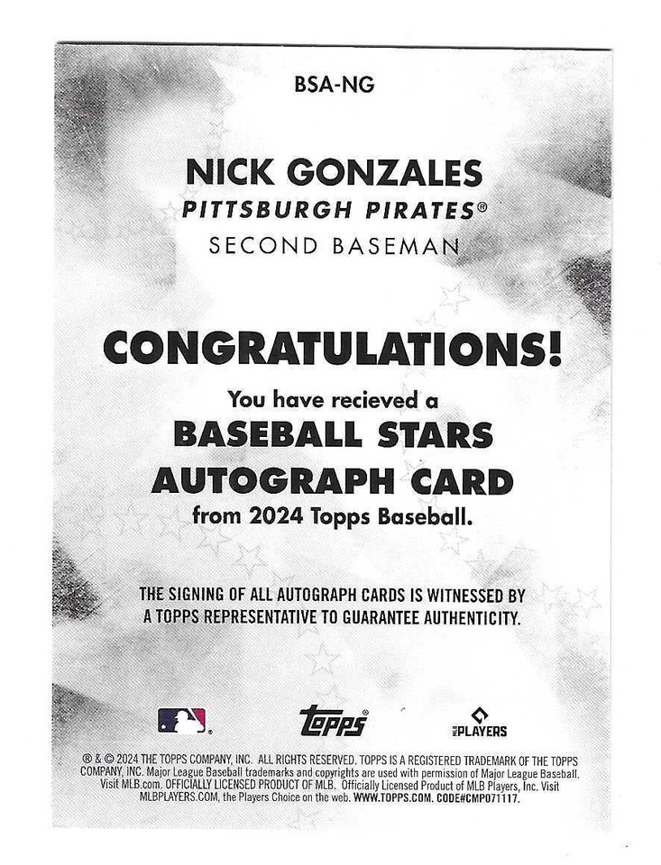Nick Gonzales 2024 TOPPS SERIES ONE MLB ROOKIE AUTOGRAPH CARD Pirates ...