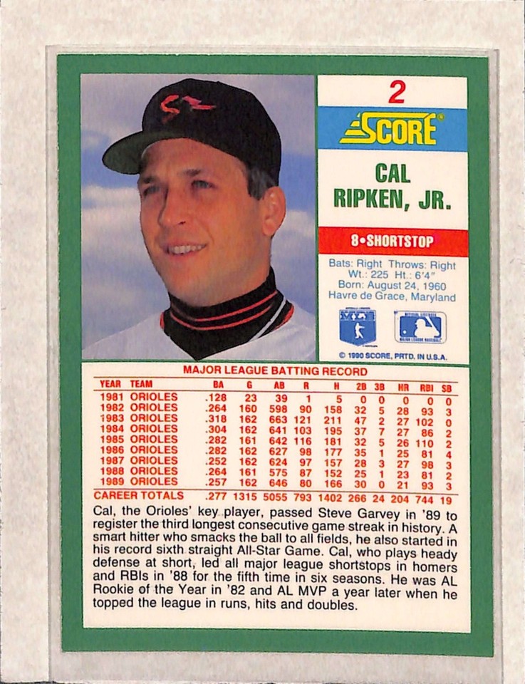 1990 Score #2 Cal Ripken, Jr. EX | eBay