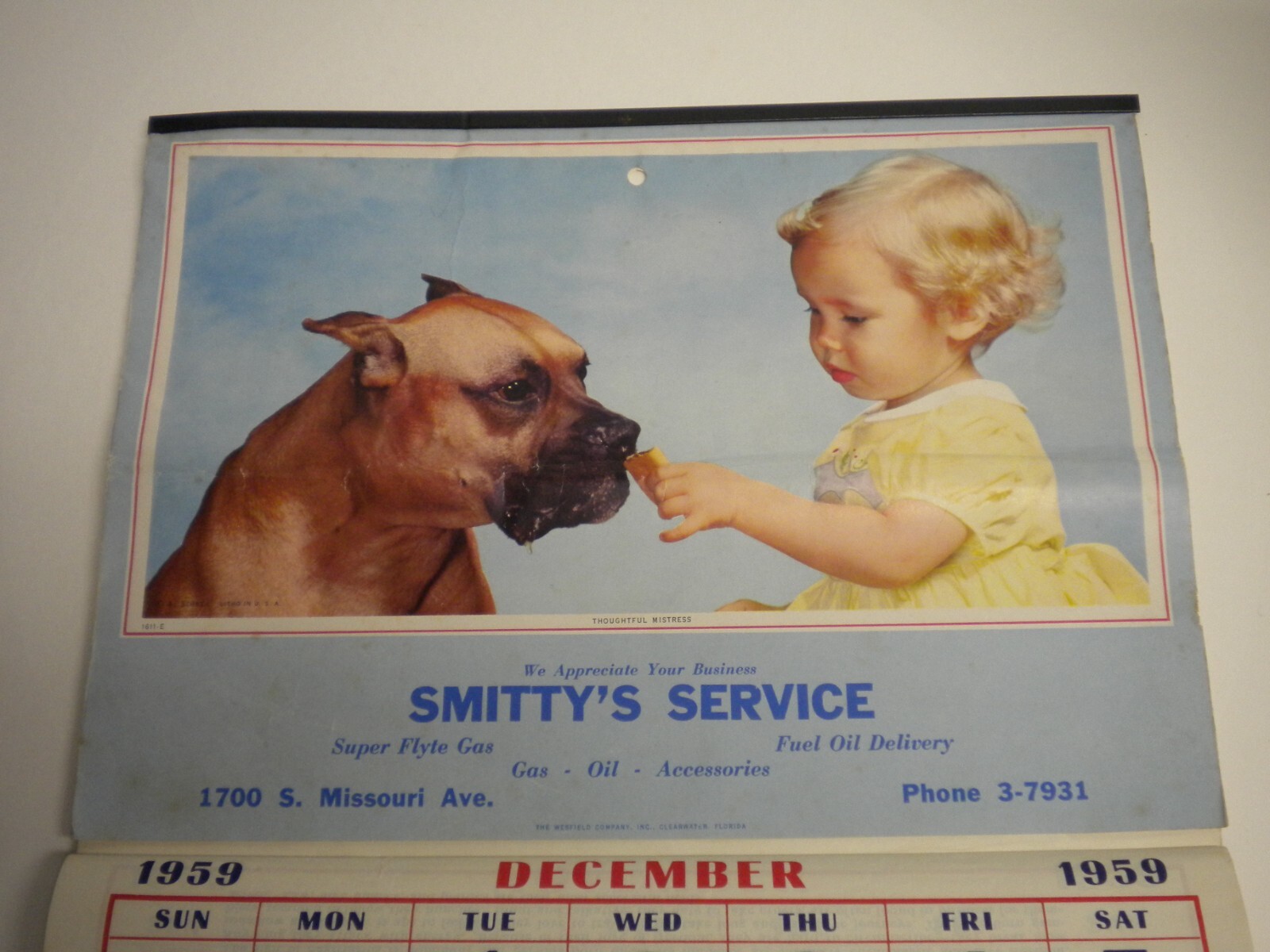 Vintage Antique 1959 Smitty's Fuel Oil Wall Calendar Girl Child ?Boxer ...