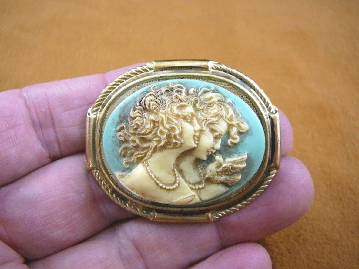 (CM24-47) Girls Two SISTERS twins friends blue + white cameo brass PIN ...