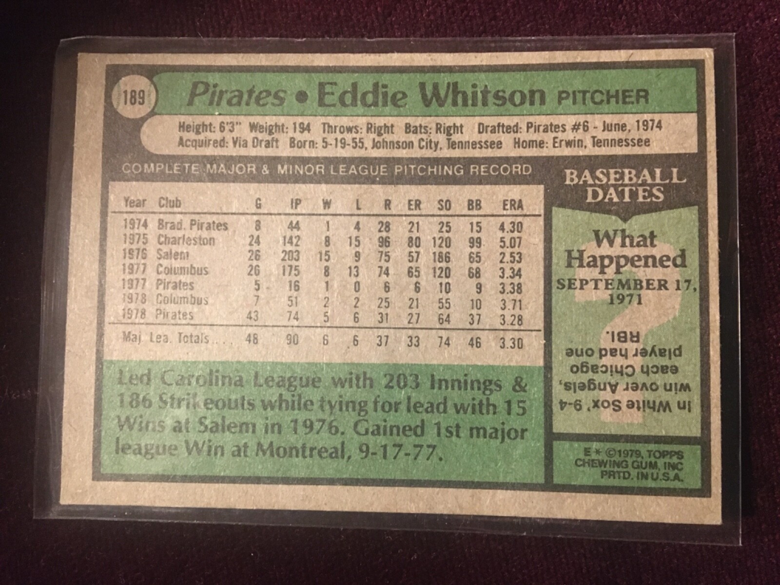 1979 Topps #189 Pirates Eddie Whitson Baseball Card | eBay