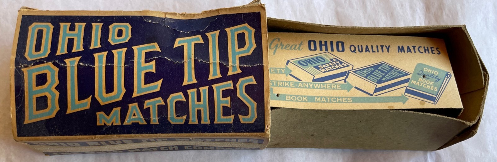 VINTAGE OHIO BLUE TIP MATCHES BOX, EMPTY, VINTAGE WEAR | eBay