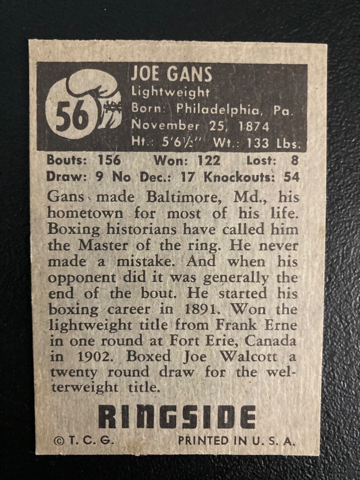 1951 Topps Ringside Boxing Joe Gans #56 Ex-Mint | eBay