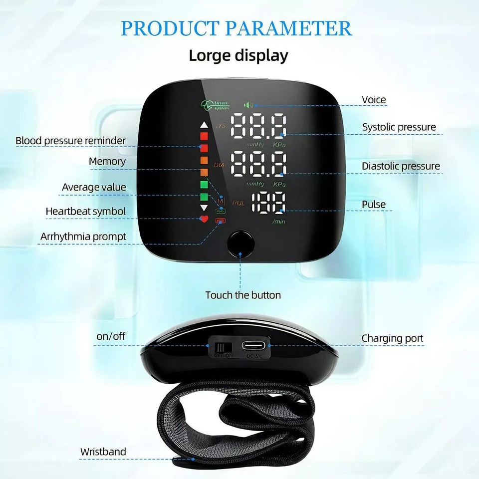 Digital Wrist Blood Pressure Monitor BP Machine Cuff LED/ LCD Heart ...