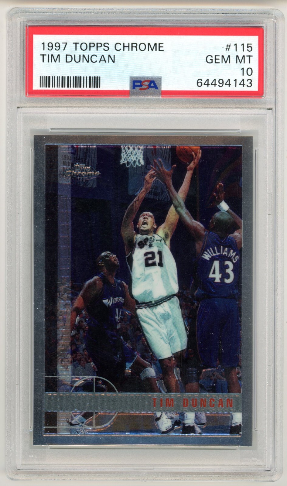 1997 TOPPS CHROME TIM DUNCAN ROOKIE CARD PSA 10 GEM MINT RC #115 SPURS ...