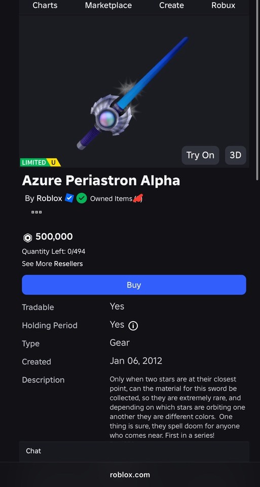 Roblox Limited Azure Periastron Alpha (290k VALUE) | eBay