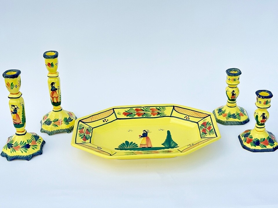 Vintage Henriot Quimper yellow pottery set of 62 pieces excellent ...