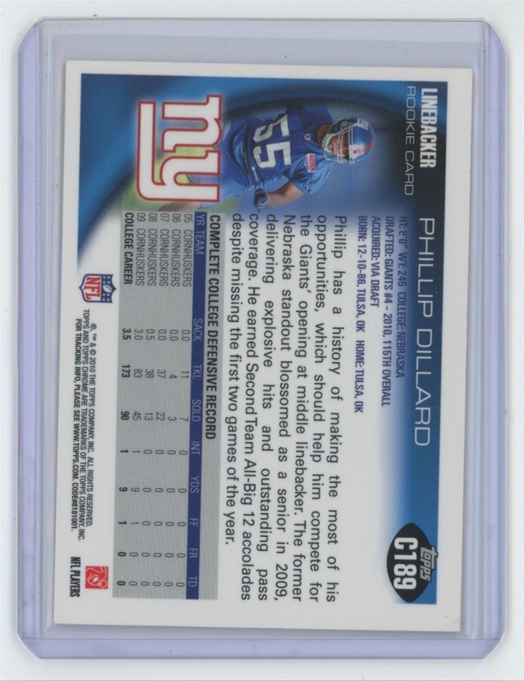 2010 Topps Chrome Phillip Dillard Rookie Football Card New York Giants ...