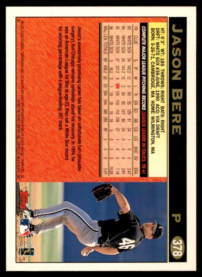 1997 Topps Jason Bere Baseball Card Chicago White Sox #378 | eBay