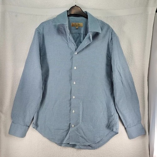 M&S Shirt Mens Size M 16 Collar Blue Mix Long Sleeve Snap Down Collar ...
