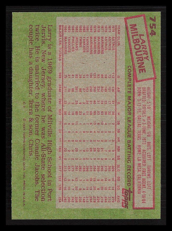 Larry Milbourne 1985 Topps #754 Seattle Mariners | eBay