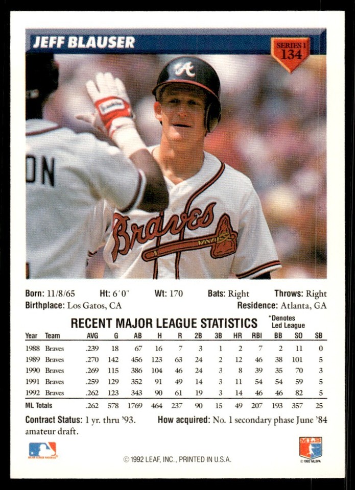 1993 Donruss Baseball Card Jeff Blauser Atlanta Braves #134 | eBay