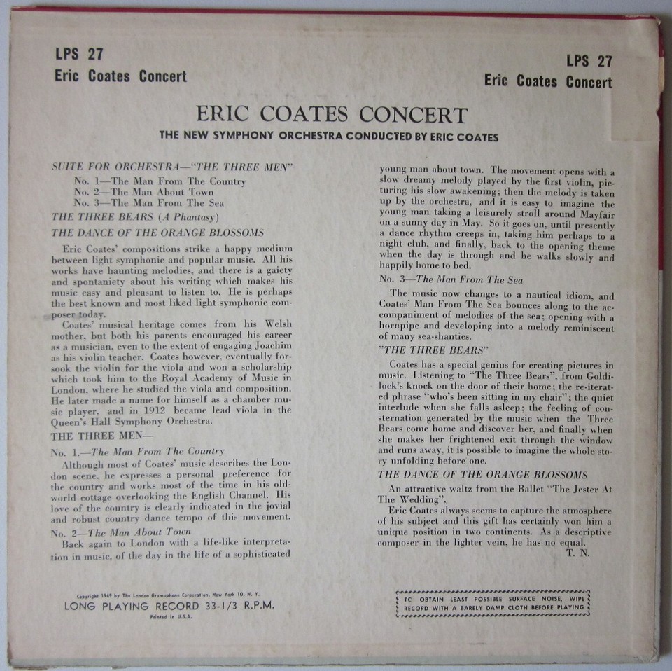 Eric Coates Concert - The New Symphony Orchestra - London LPS.27 EX/VG+ ...
