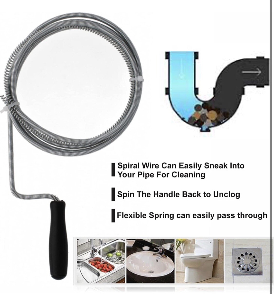 1.5 M Long Flexible Wire Sink & Drain Cleaner Unblocker Bath Pipe Clean ...