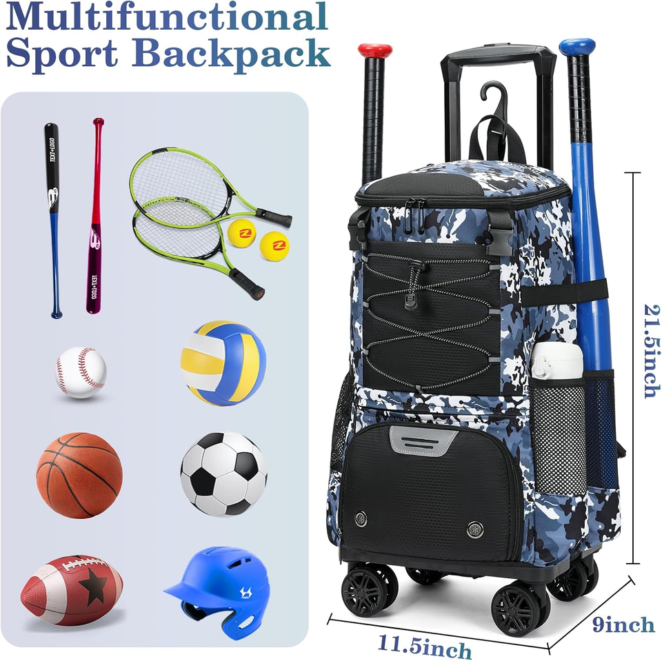 Rolling Baseball Bag with Fence Hook - Wheeled Softball Bat Bag for ...