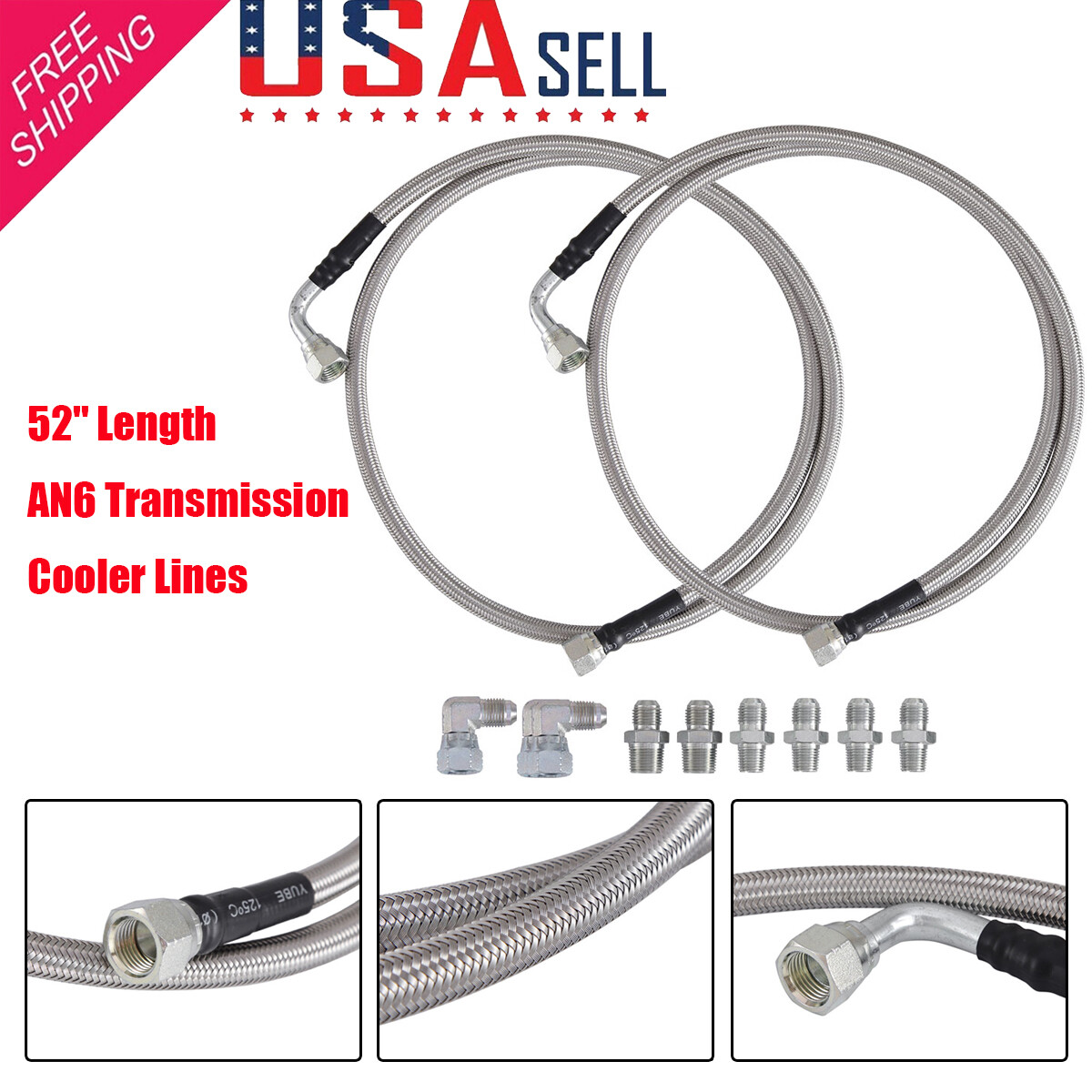 SS Braided Transmission Cooler Hose lines Fittings TH350 700R4 TH400 52 ...